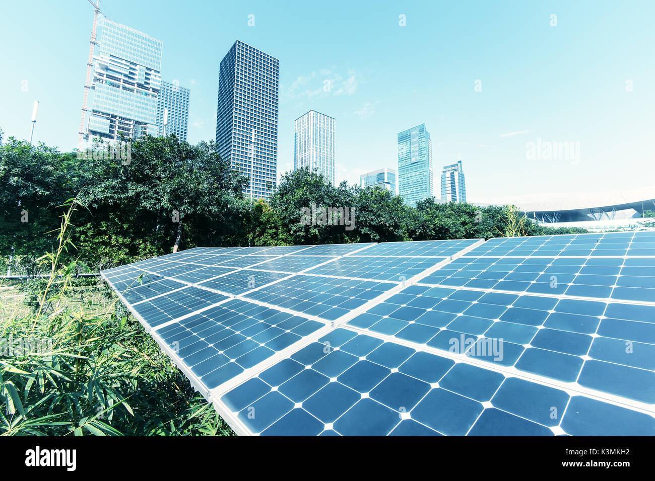 Solar Panels In The Park Of Modern City Stock Photo - Alamy