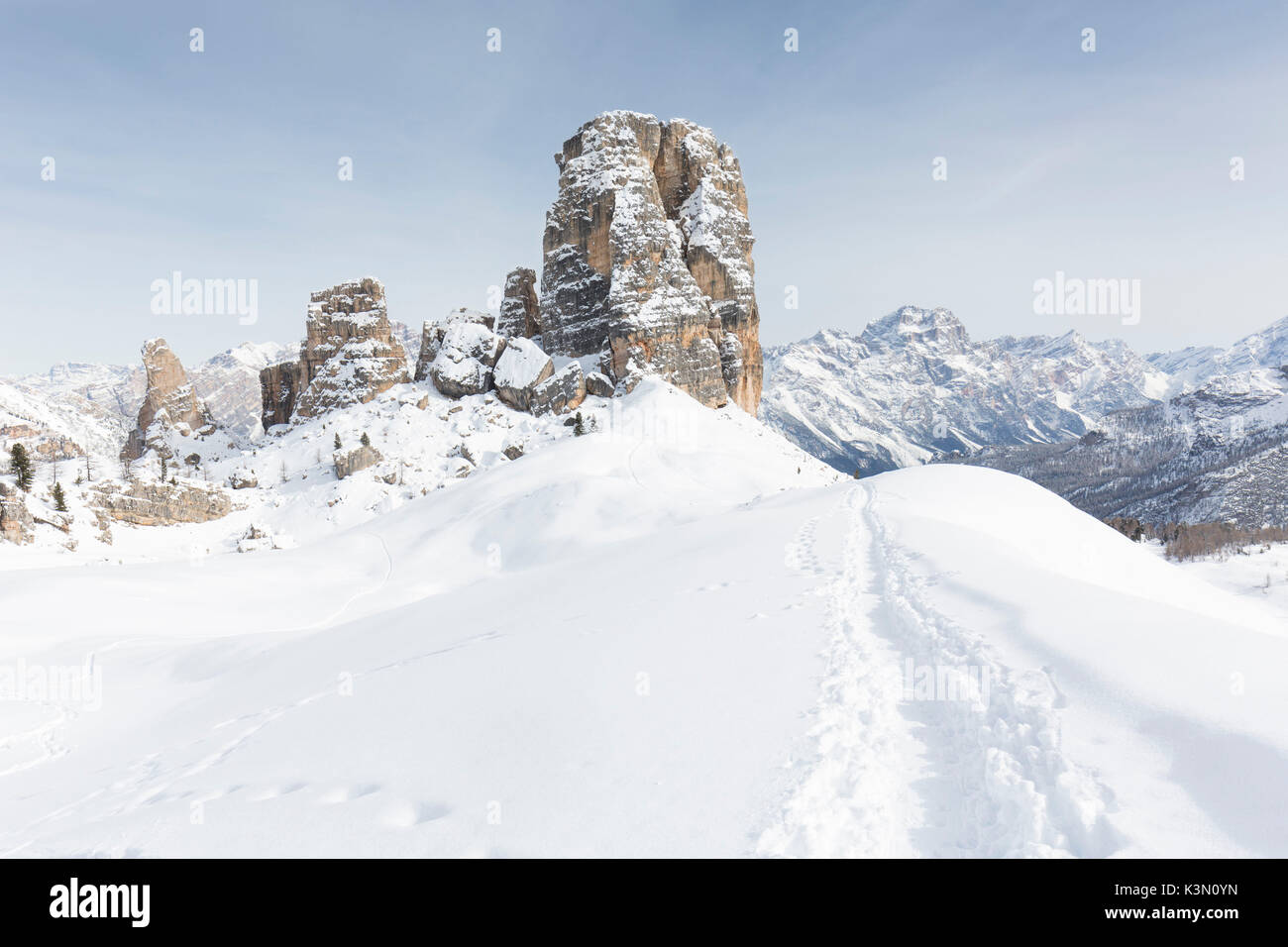 Winter view of the famous cinque torri after early snowfall hi-res ...