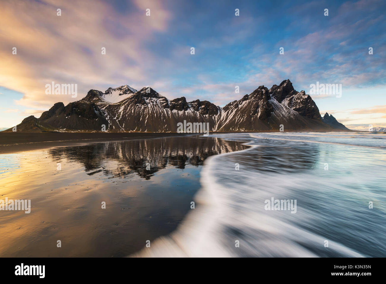 Stokksnes, Hofn, East Iceland, Iceland. Vestrahorn mountain reflected ...