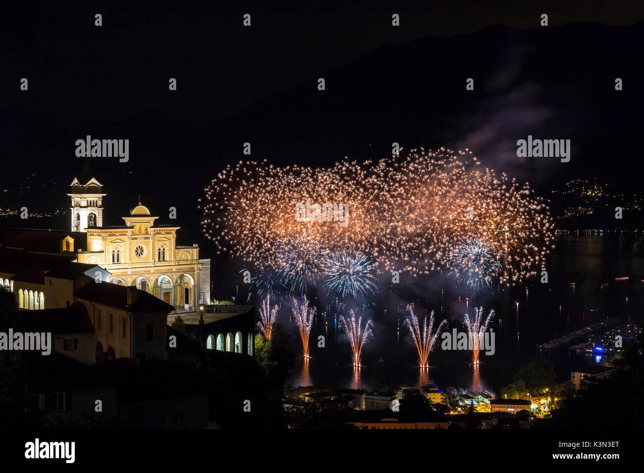 Fireworks over locarno and church of madonna del sasso hi-res stock ...