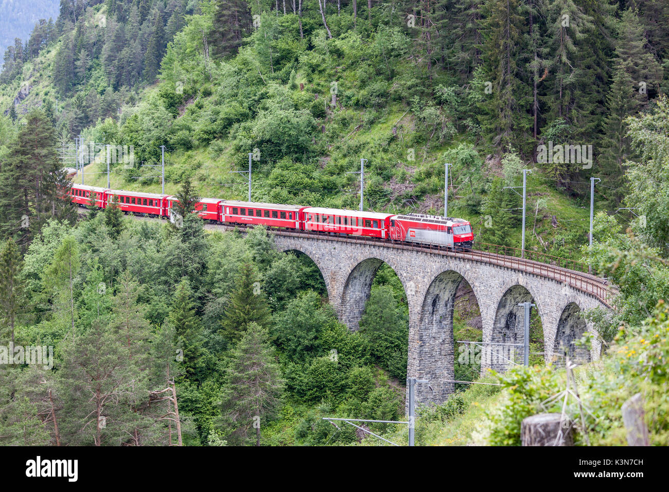 Red Bernina Express train, Filisur, Graubunden, Switzerland Stock Photo ...