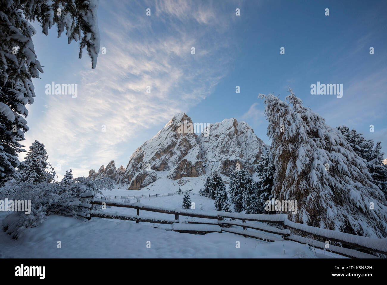 Odle Dolomites covered in snow. Passo delle Erbe, Bolzano, Trentino ...