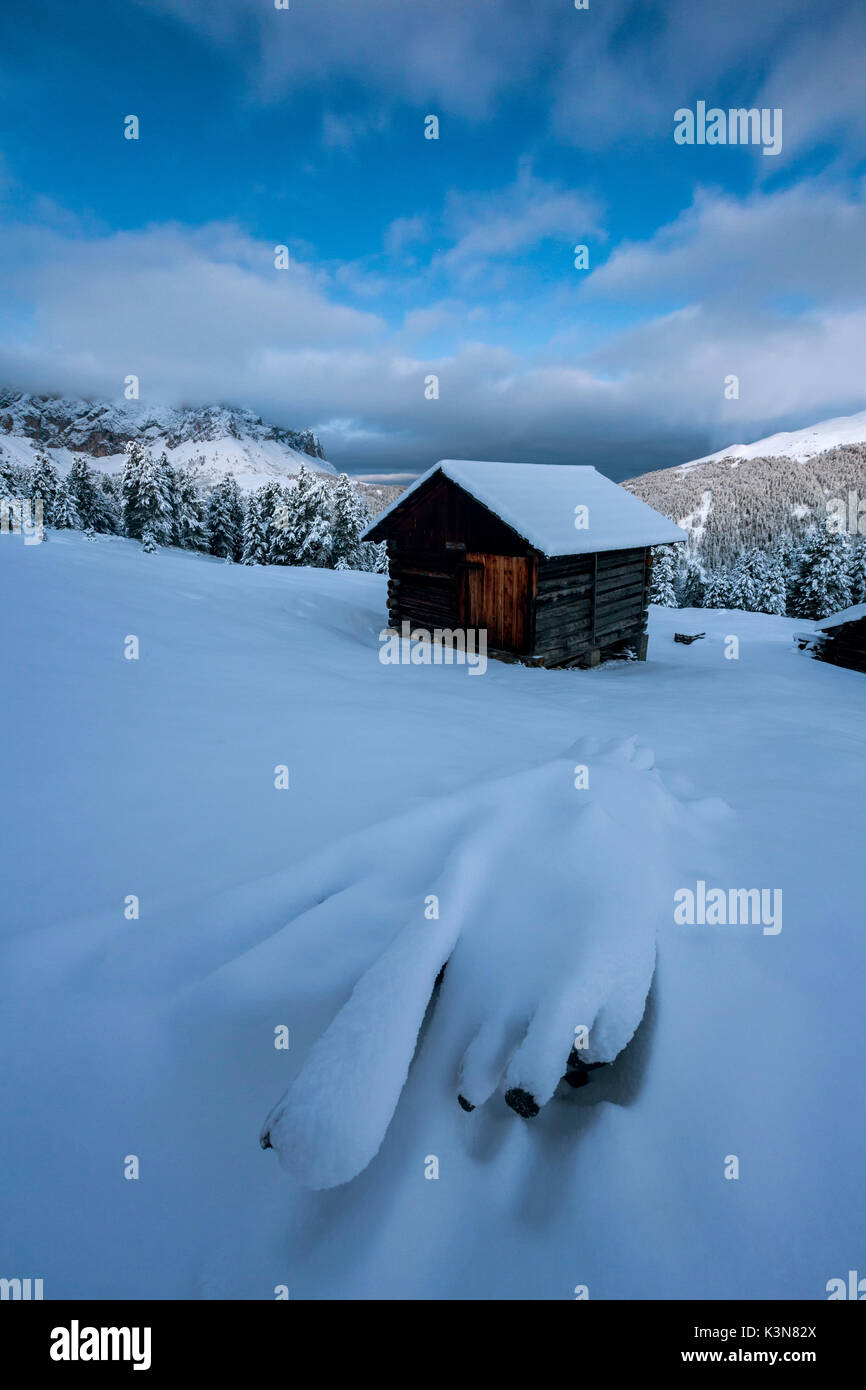 Wooden lodge covered in snow. Passo delle Erbe, Bolzano, Trentino Alto ...