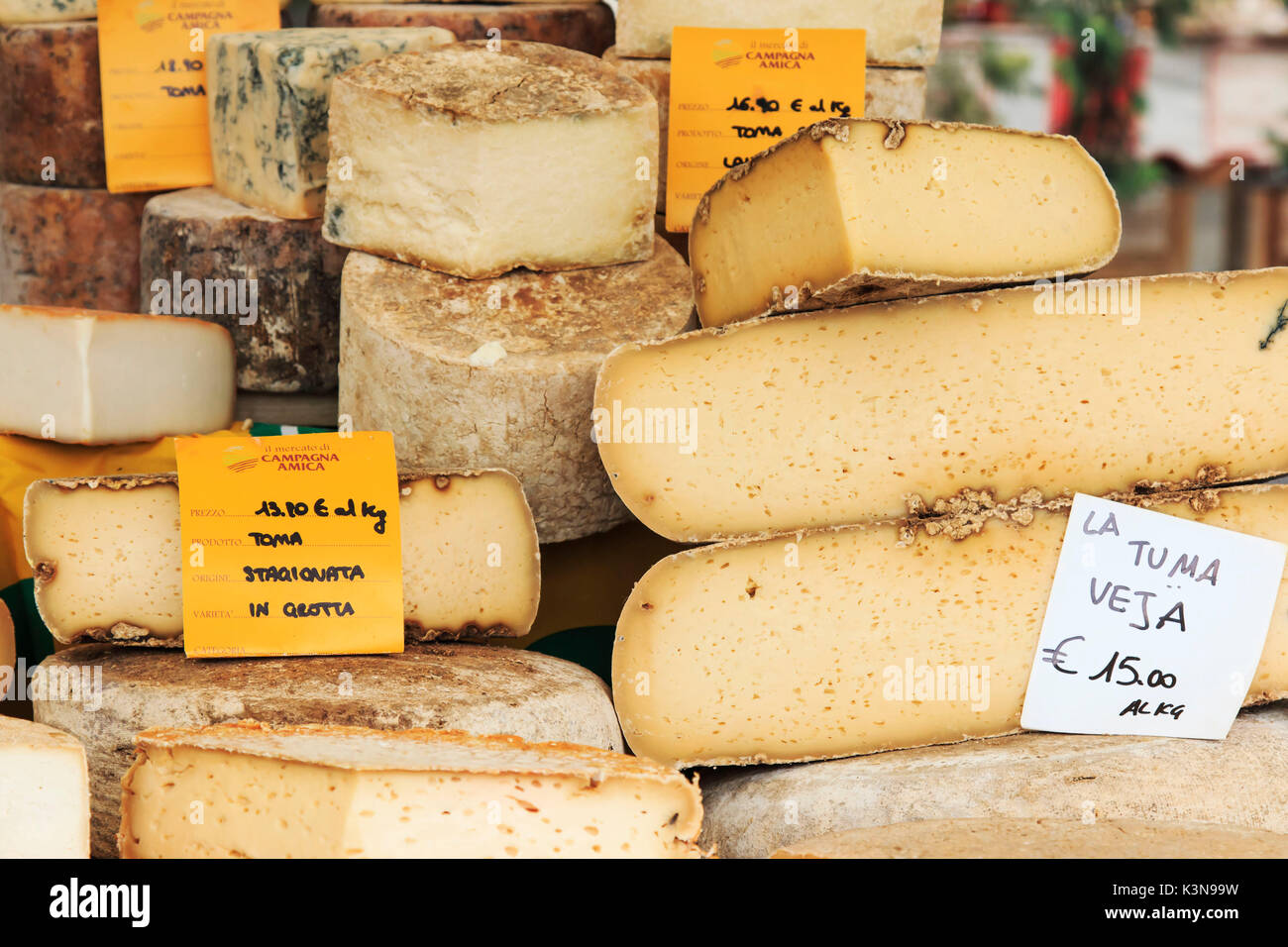 Closeup of Italian cheese with relative price tags at the Moncalvo ...