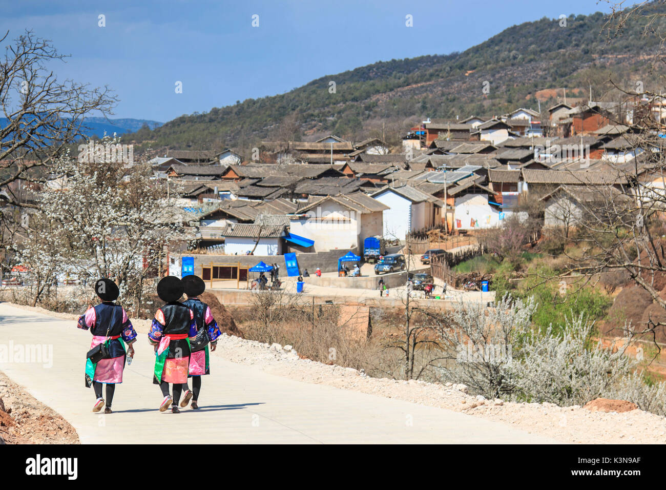 Bai women dressed with the traditional attire walking towards the ...