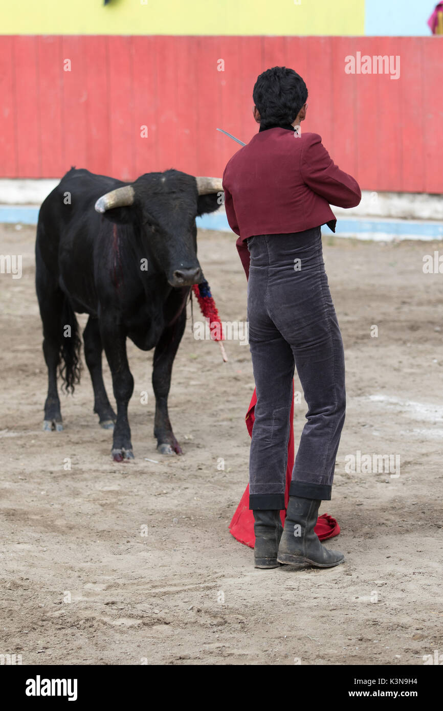 June 18, 2017 Pujili, Ecuador: bullfighter holds up his sword towards ...