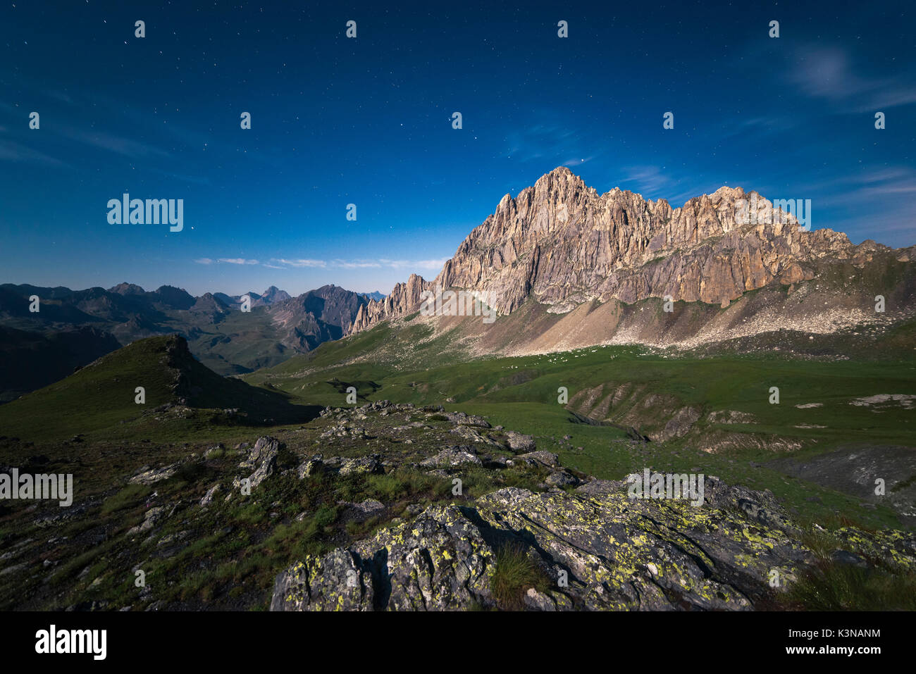 Italy, Piedmont, Cuneo District, Maira Valley - the moonlight on Rocca ...