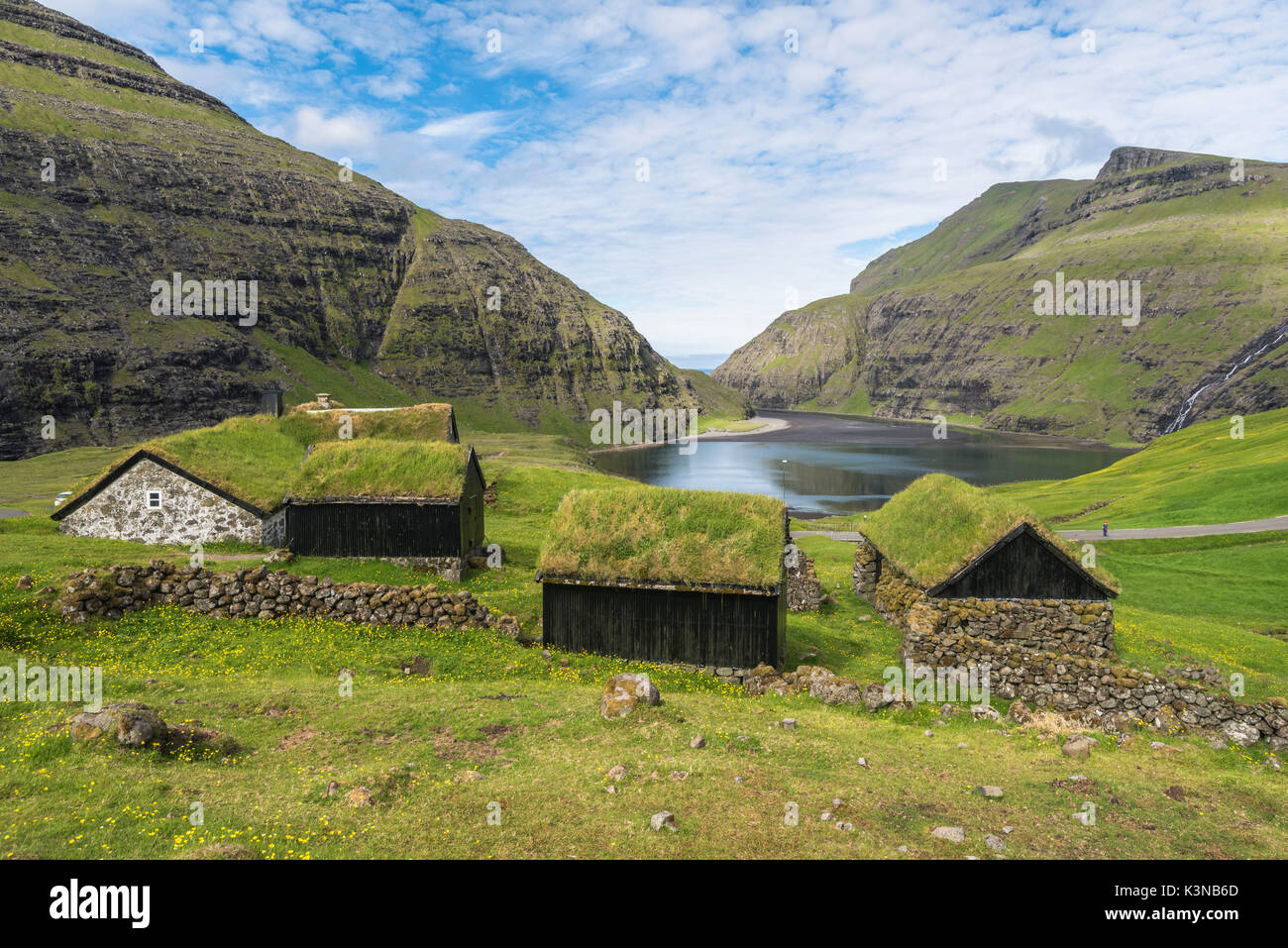 Saksun, Stremnoy island, Faroe Islands, Denmark. Iconic green roof ...