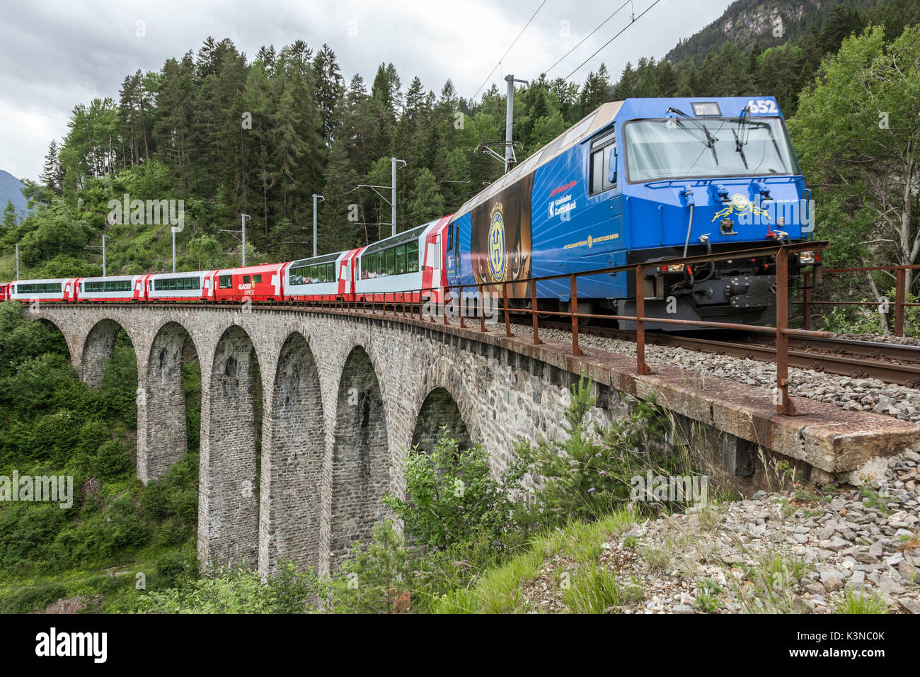 Red Bernina Express train, Filisur, Graubunden, Switzerland Stock Photo ...