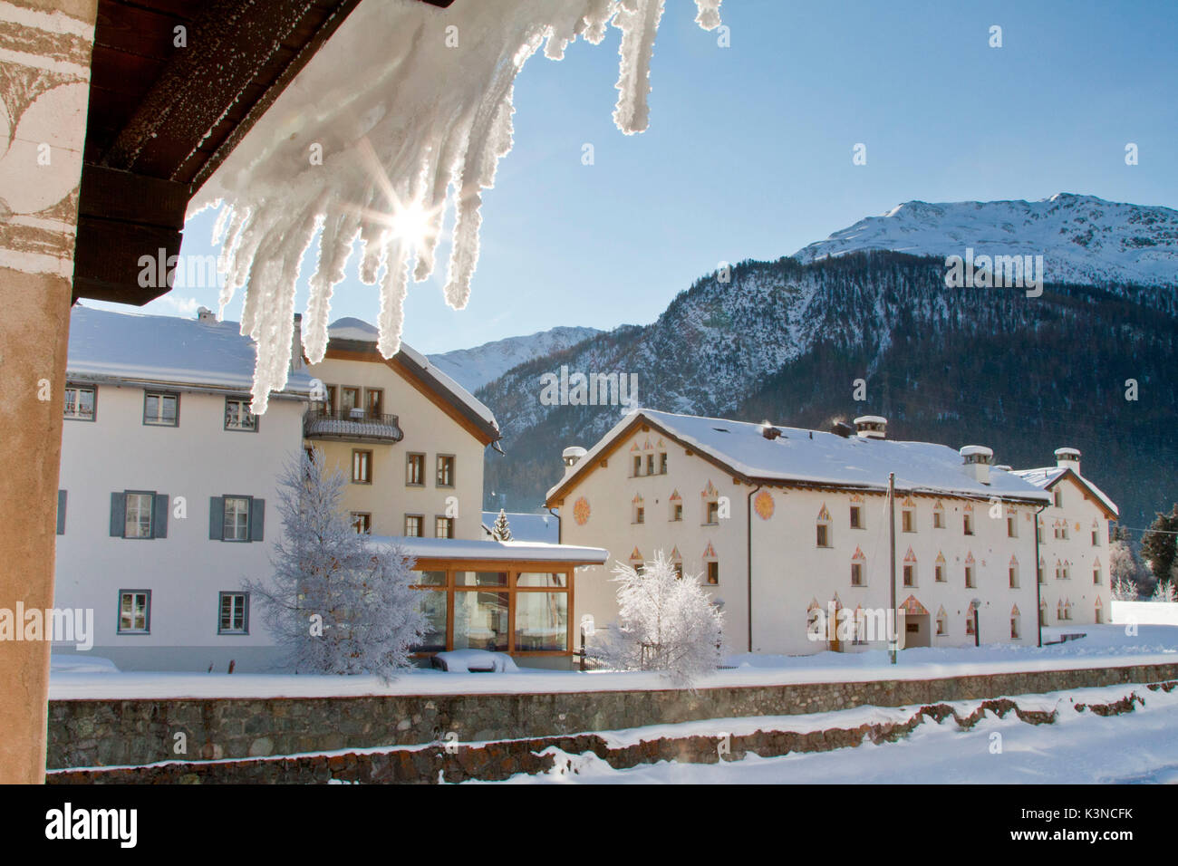 Europe, Switzerland, Engadin. Winter frozen landscape of La Punt, Swiss ...