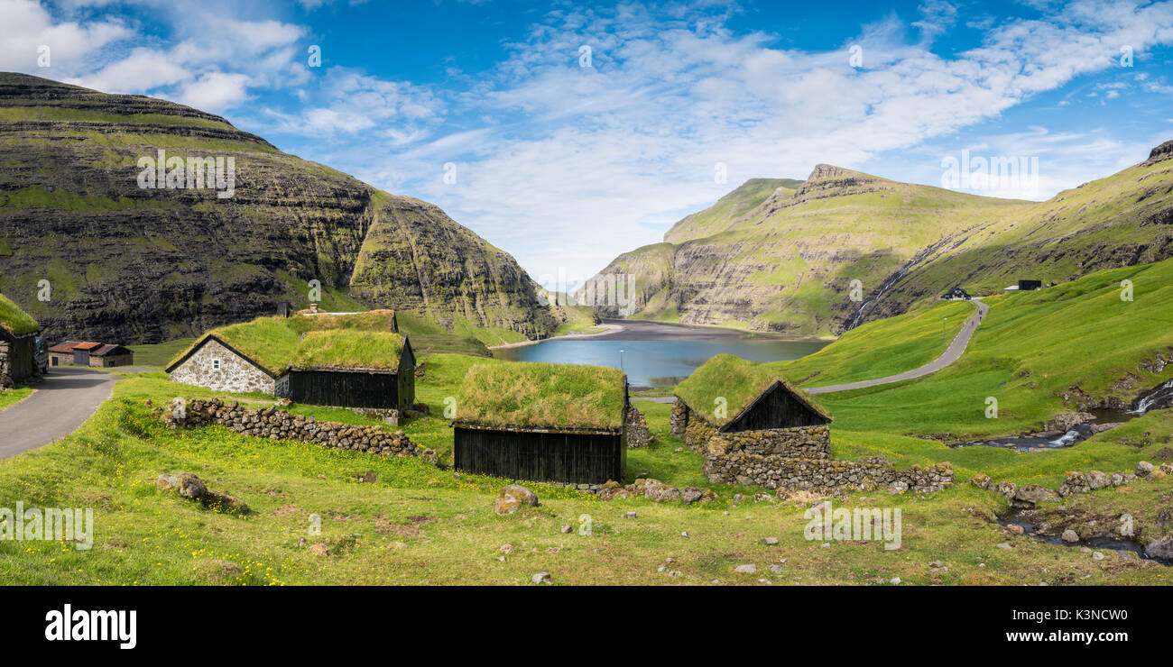 Saksun, Stremnoy island, Faroe Islands, Denmark. Panoramic view of the ...