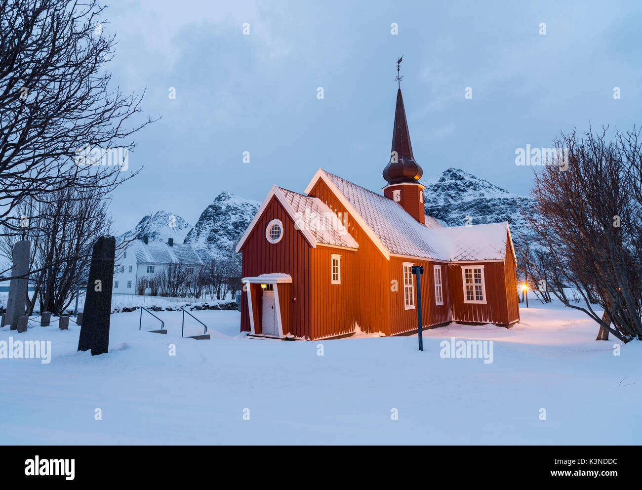 The Flakstad Church in snow, Lofoten Islands, Norway Stock Photo - Alamy
