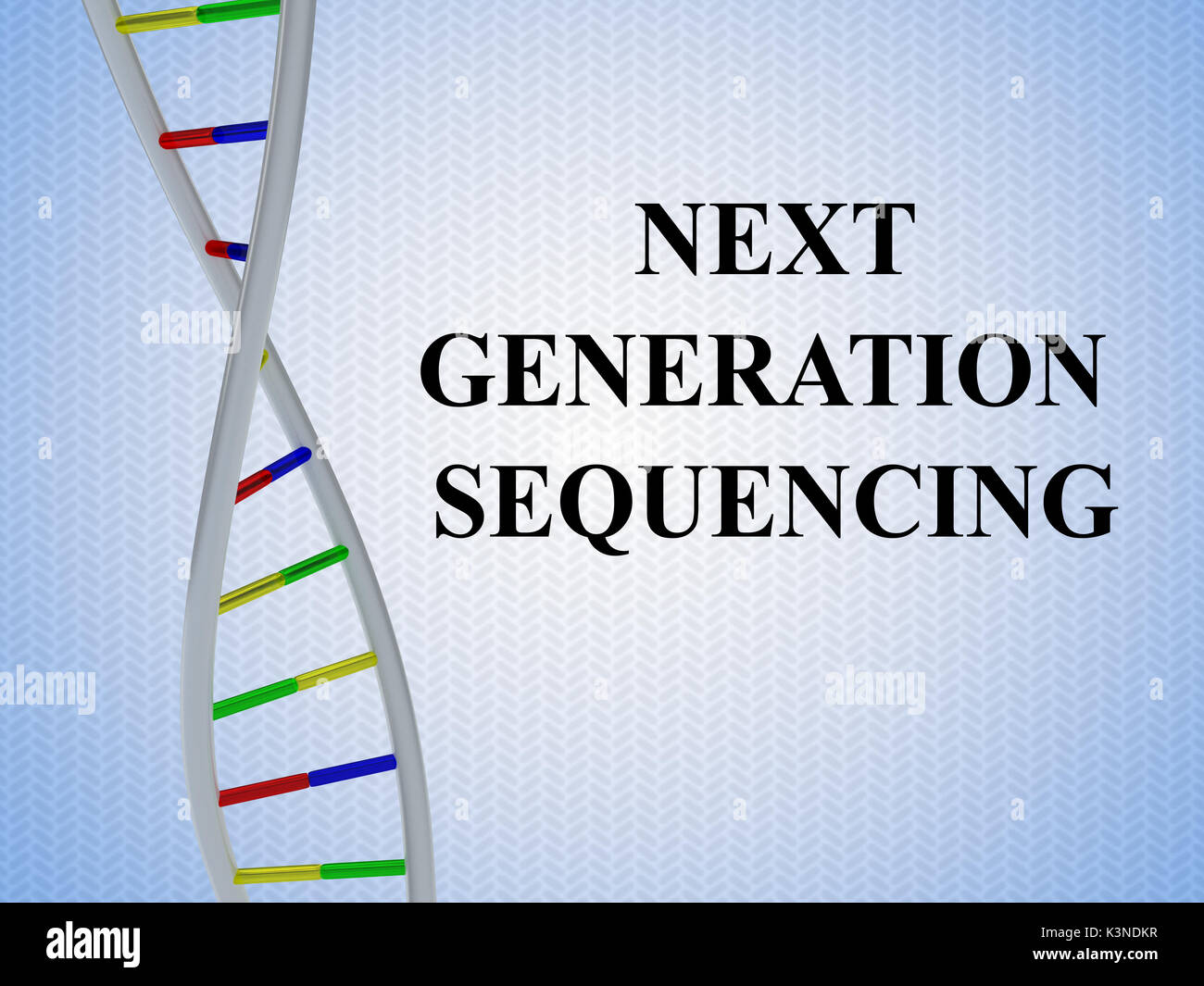 3D illustration of "NEXT GENERATION SEQUENCING" script with DNA double ...