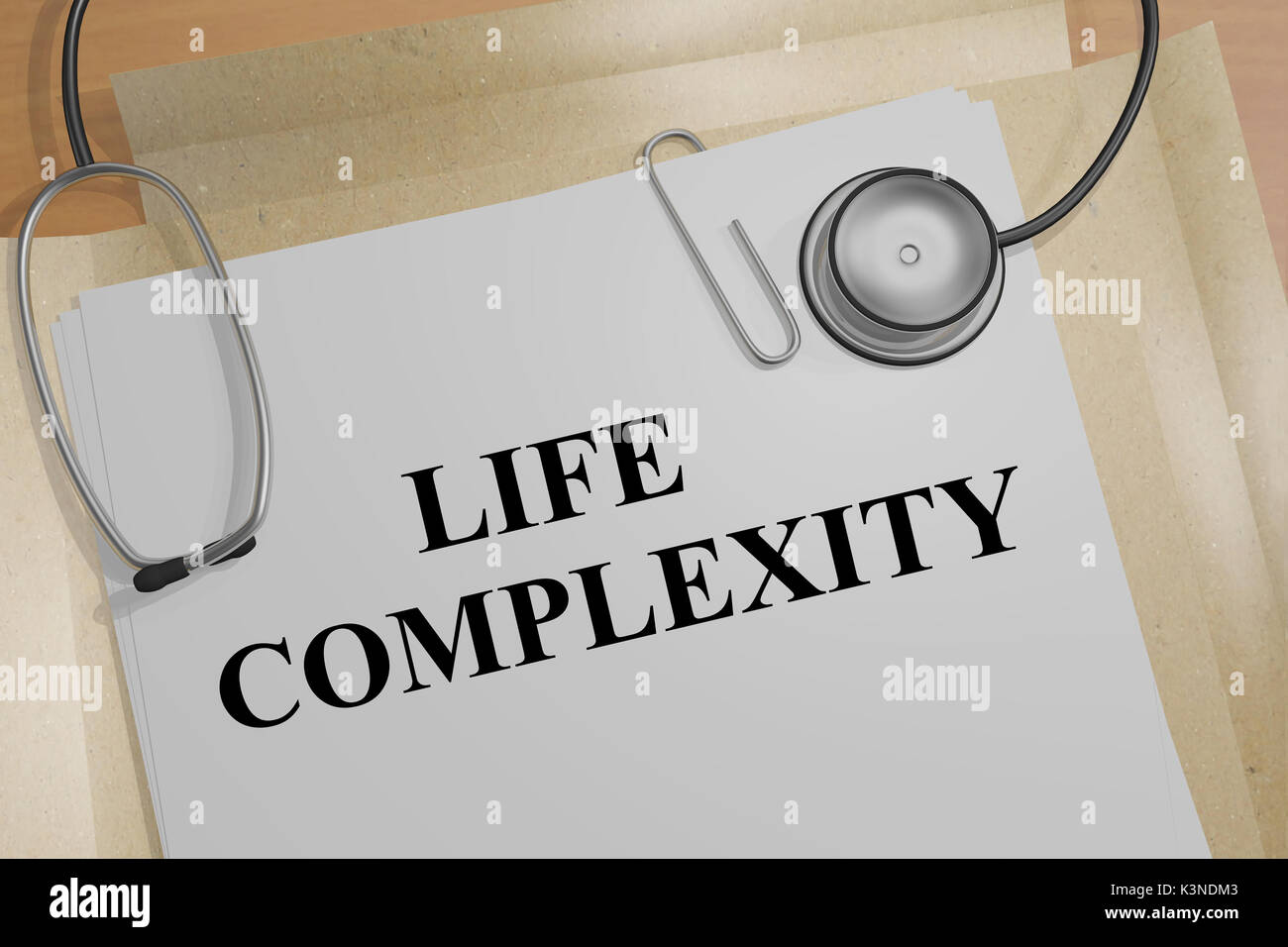 3D illustration of "LIFE COMPLEXITY" title on a medical document Stock ...