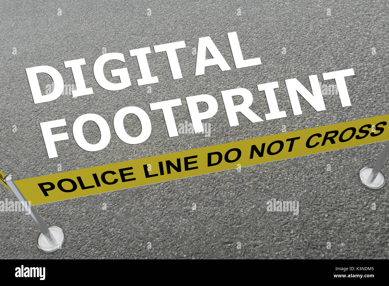 3D illustration of "DIGITAL FOOTPRINT" title on the ground in a police ...