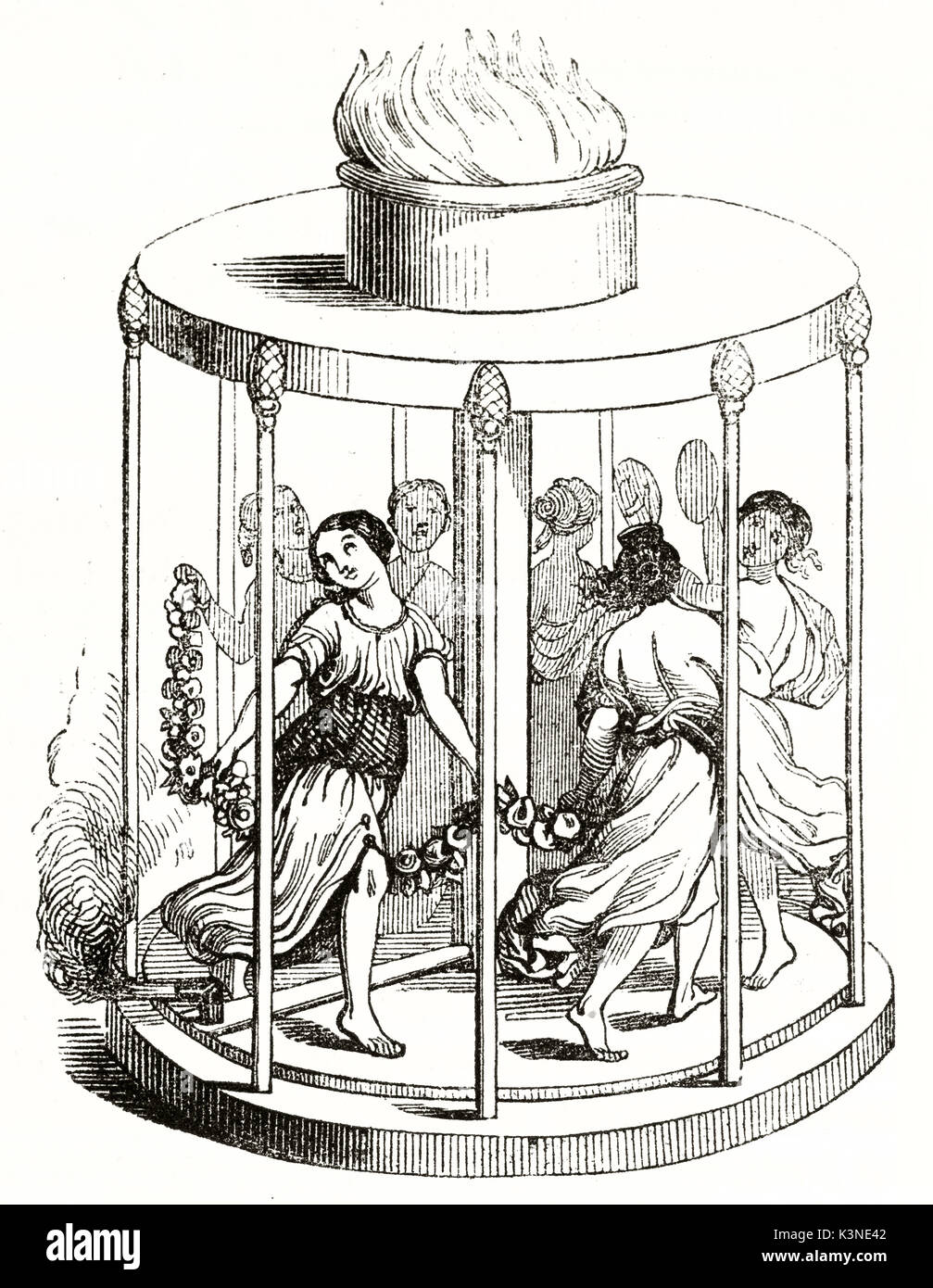 ancient carousel with young girl little statues walking around powered ...