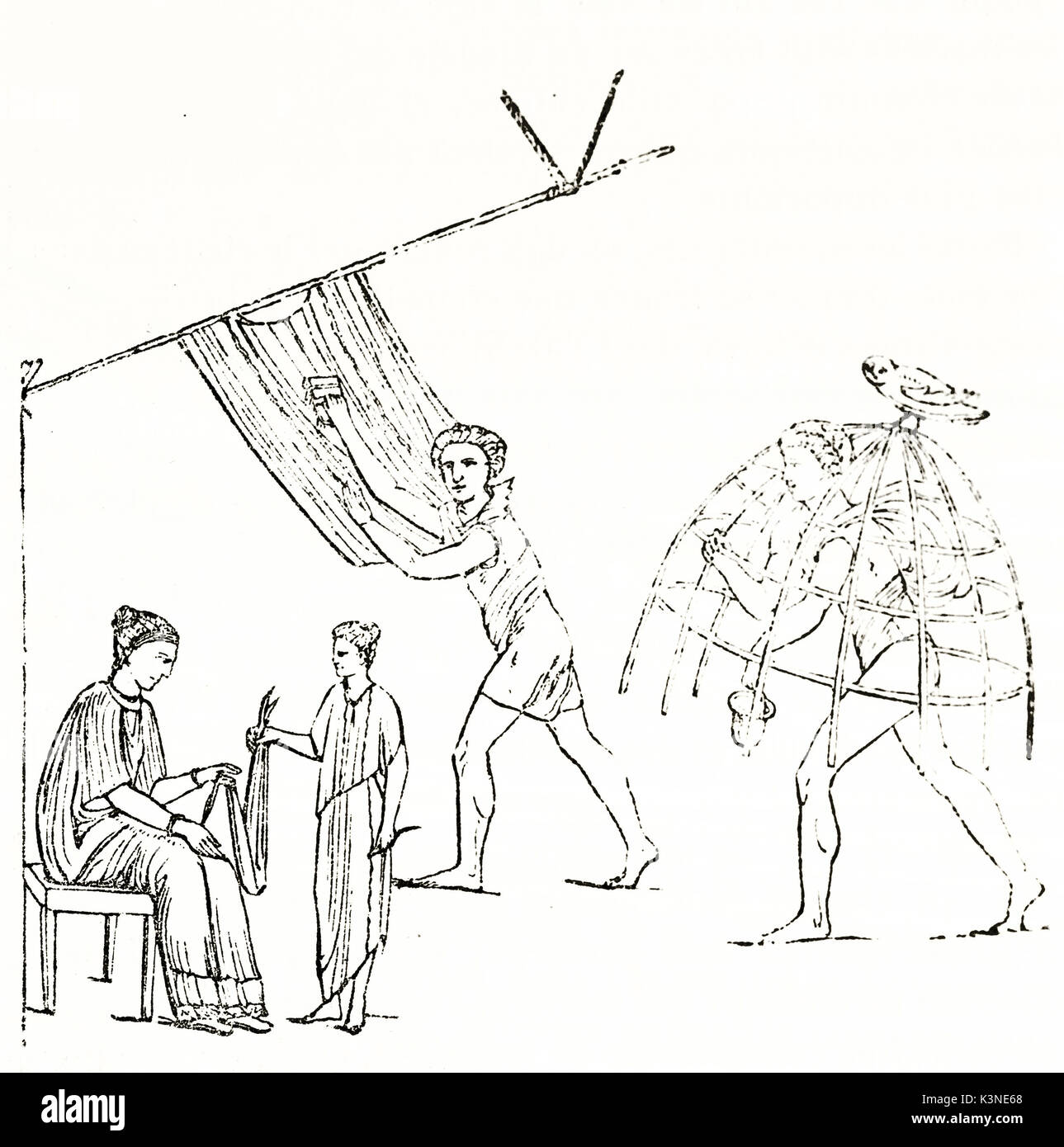 Ancient outline illustration of a men and other workers carding wool ...