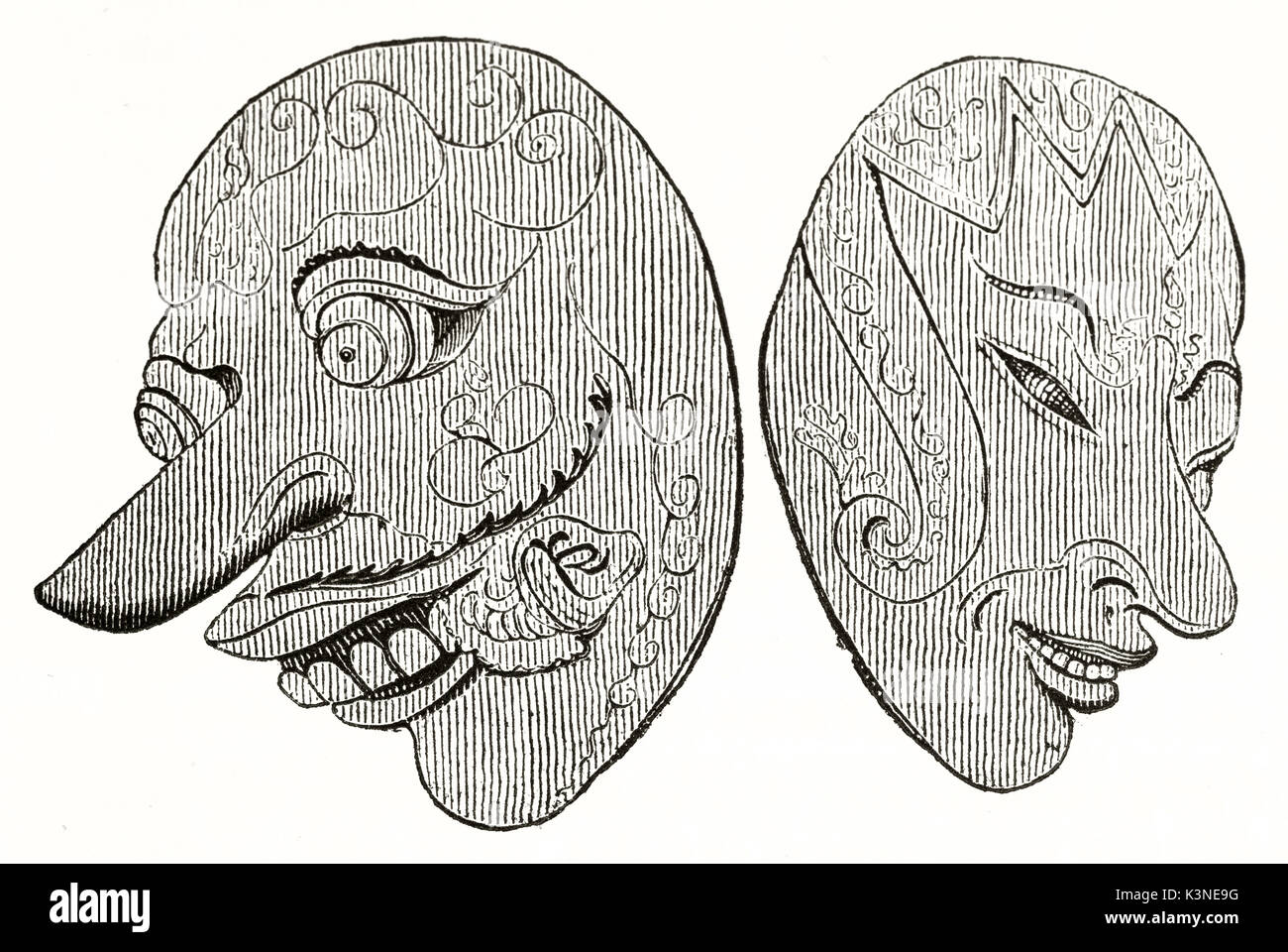 Old engraved simple outlined reproduction of Javanese theater masks ...