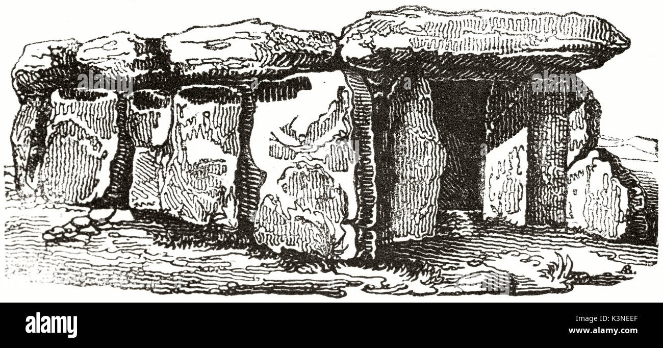 Ancient stone tomb over a white background. Old view of the Roche-aux ...