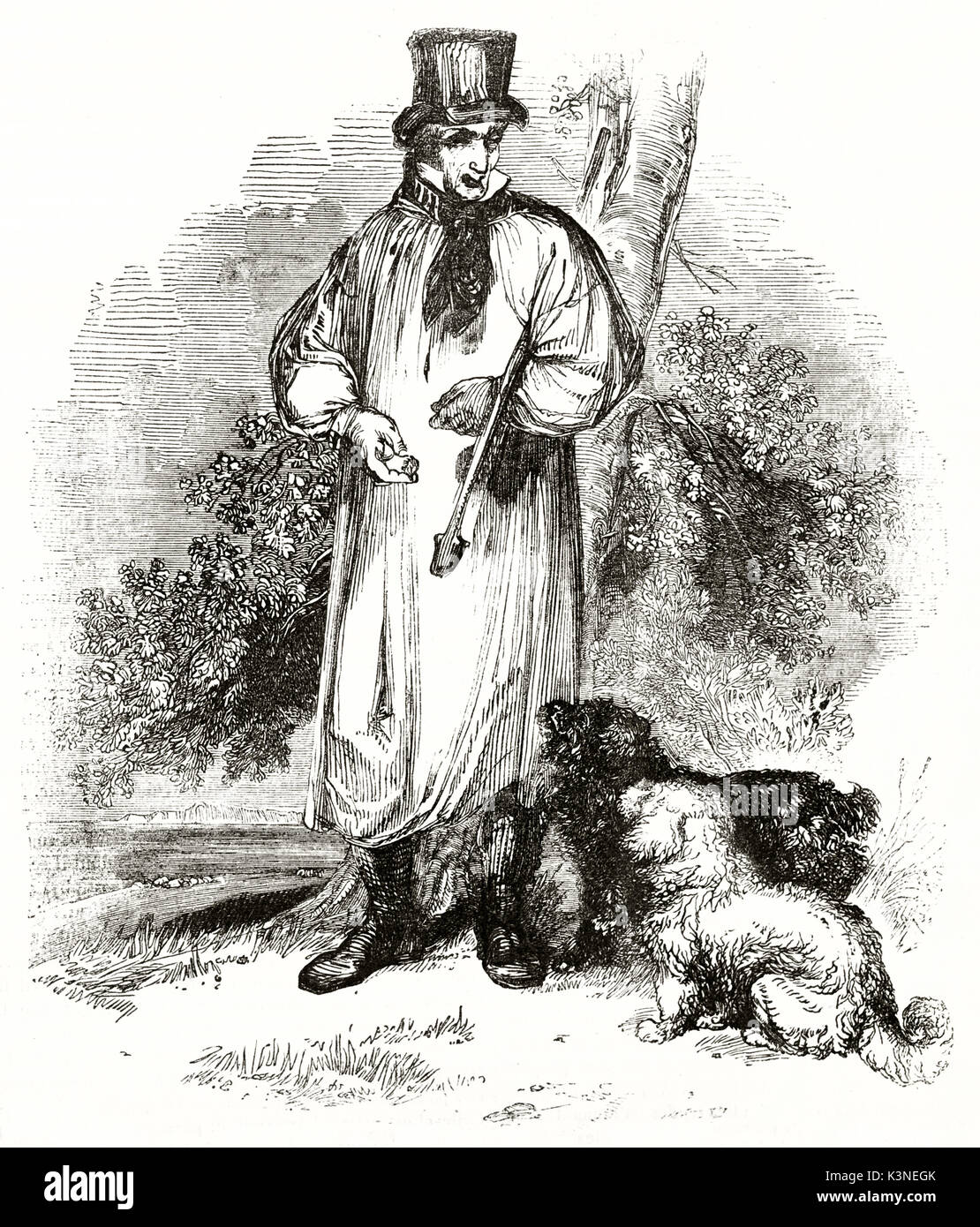 Ancient truffle searcher depicted full body posing with his dogs. He ...