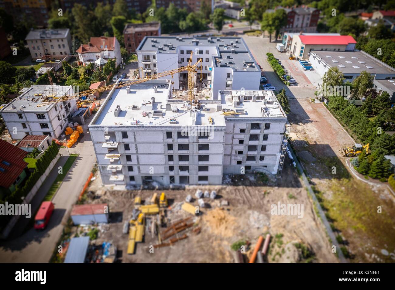 Aerial view on building construction site. Construction of multi-family ...