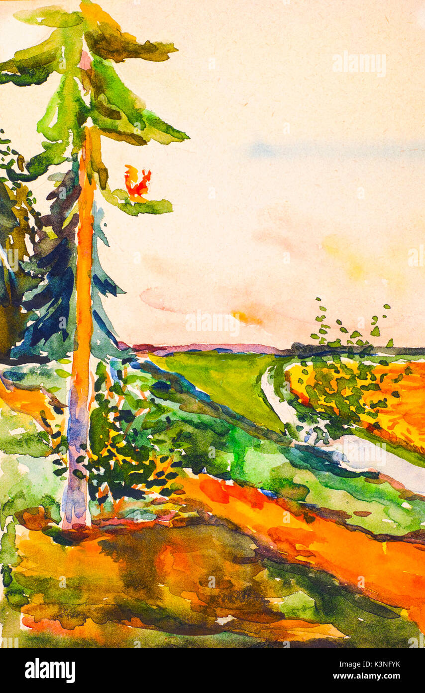 Watercolor Landscape With Trees High Resolution Stock Photography and ...