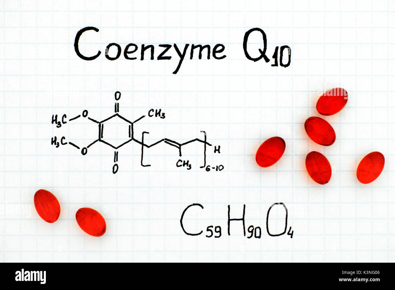 Chemical formula of Coenzyme Q10 with red pills. Close-up Stock Photo ...