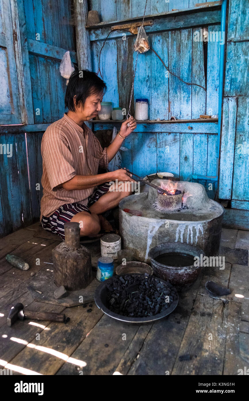 A silversmith at work on Inle Lake, Myanmar Stock Photo - Alamy