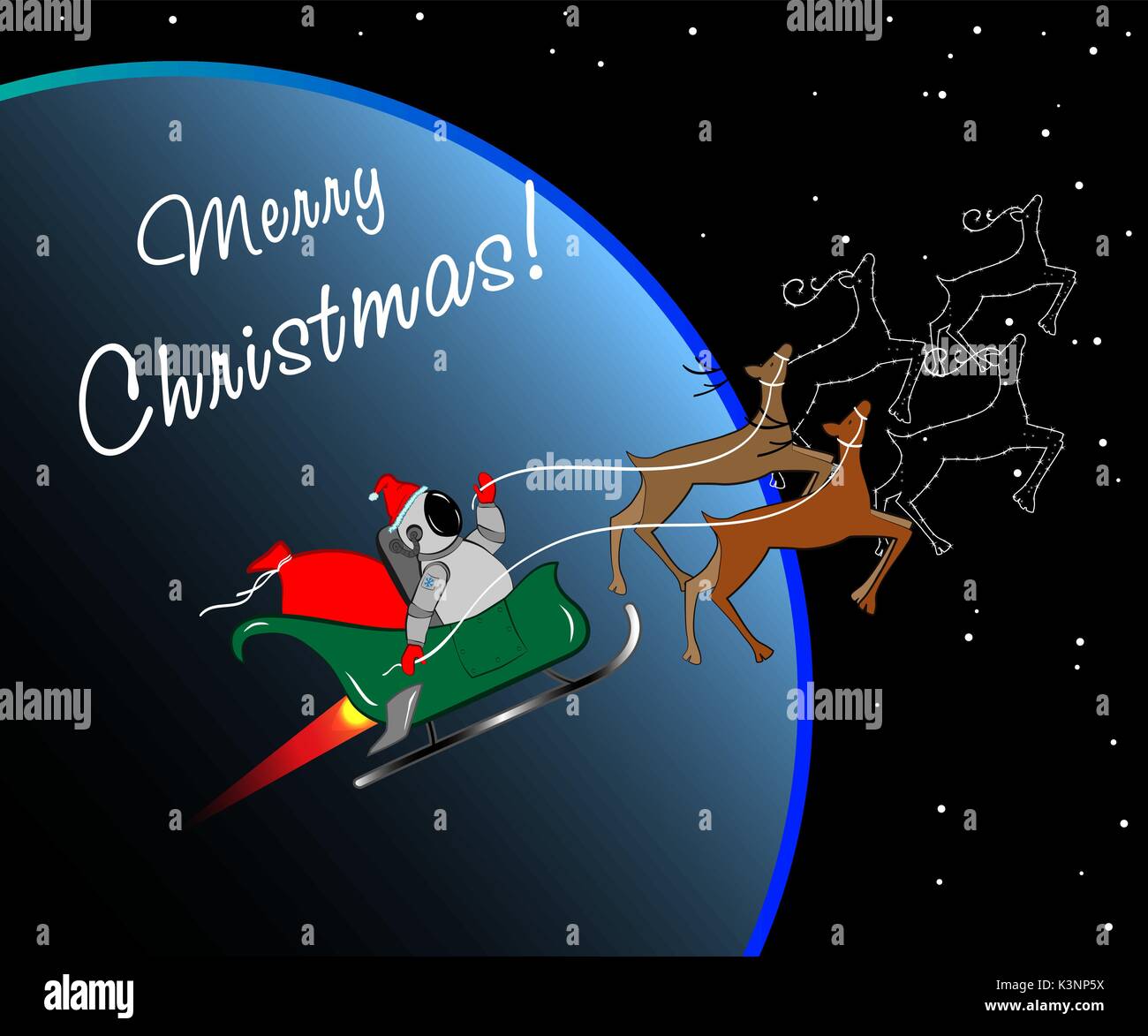 Christmas background. Santa Claus in a spacesuit with sleigh and deers ...