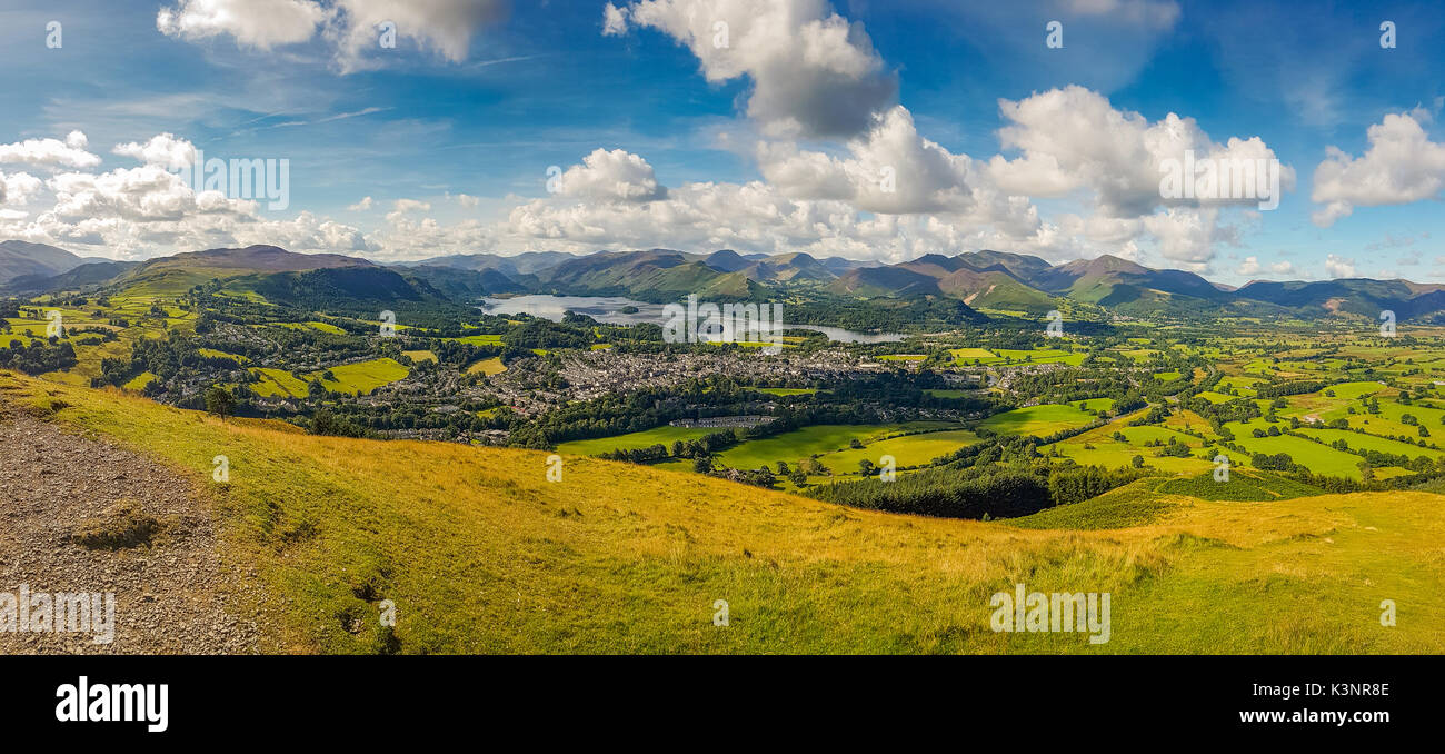 Panoramic view of Keswick and lake Derwent Water from Latrigg, Cumbria ...