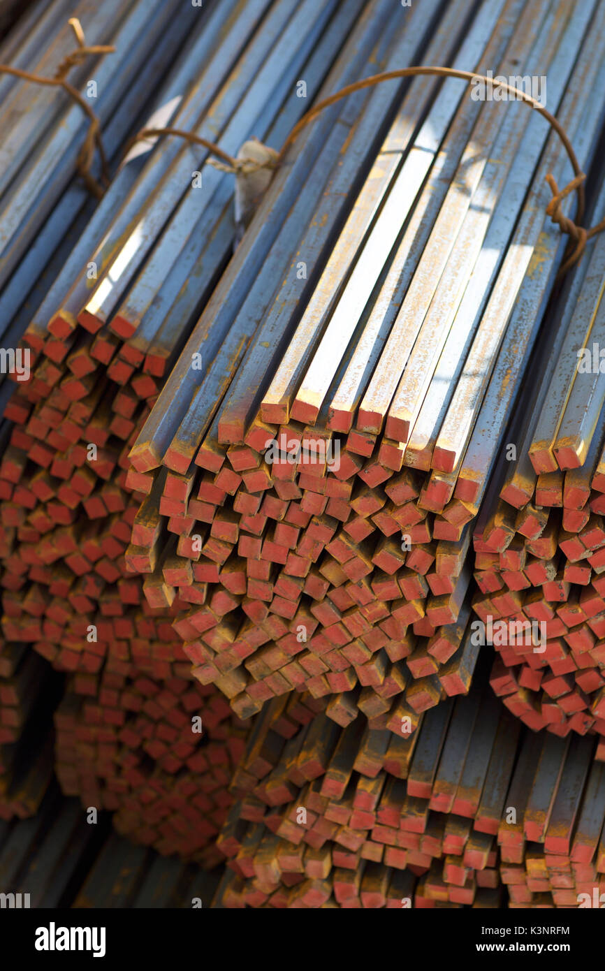 Metal profile square in packs at the warehouse of metal products ...