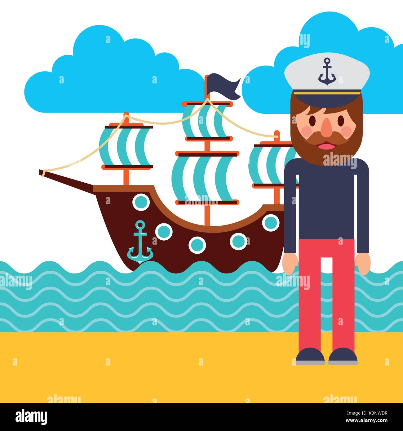cartoon captain sailor in uniform with the ship Stock Vector Image ...