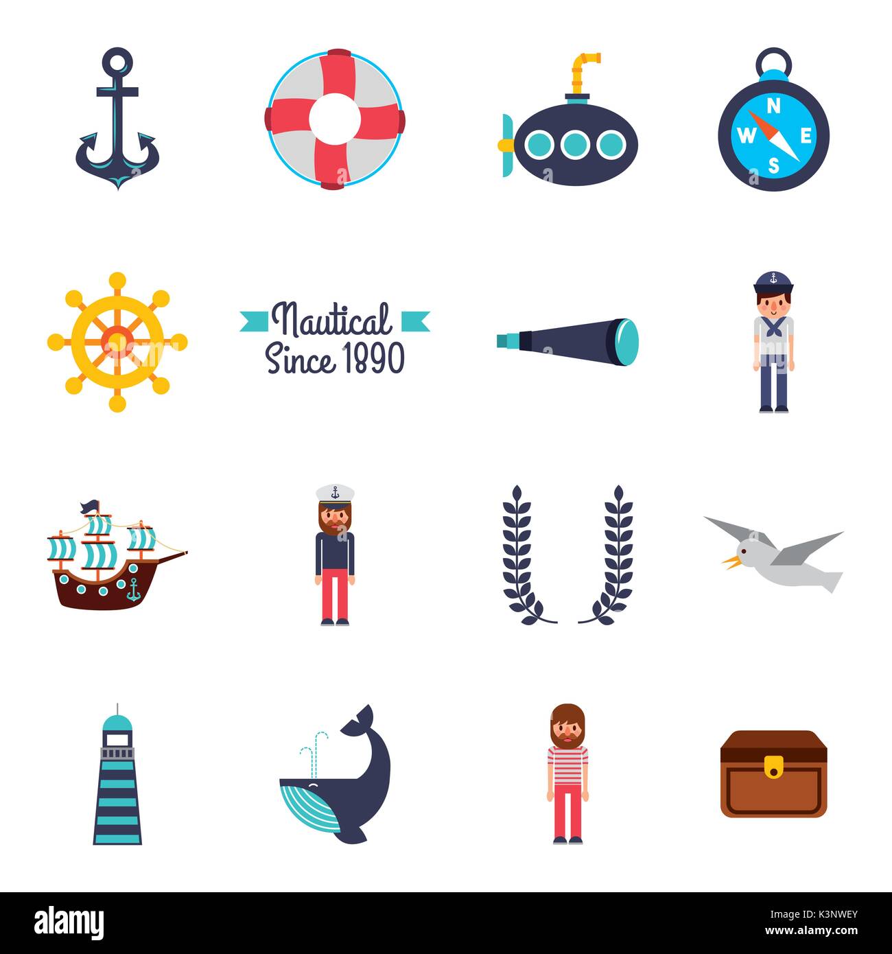 set of nautical marine symbols seamless pattern icons Stock Vector ...