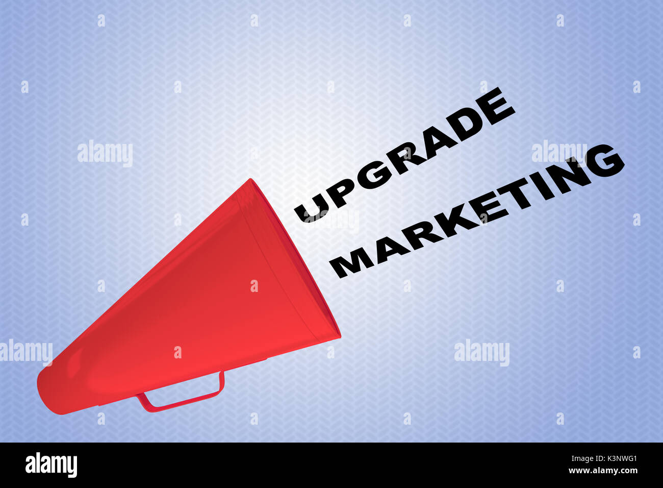 3D illustration of "UPGRADE MARKETING" title flowing from a loudspeaker ...