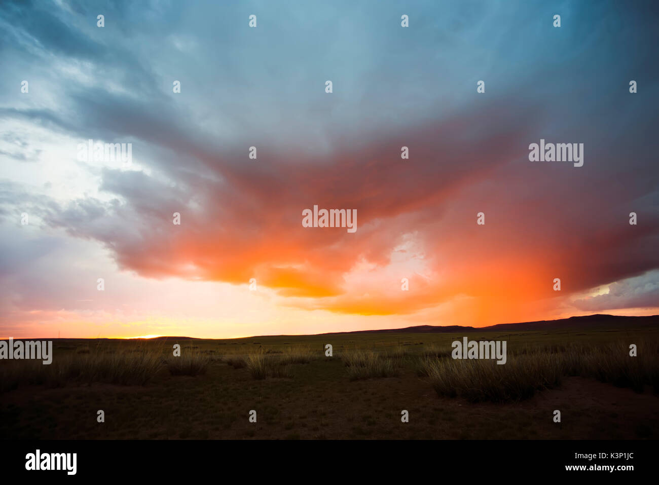 Natural sunset sunrise over field. Bright dramatic sky over ground ...