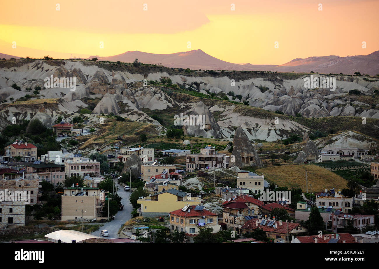 Goreme village in the twilight, Cappadocia, Turkey Stock Photo - Alamy