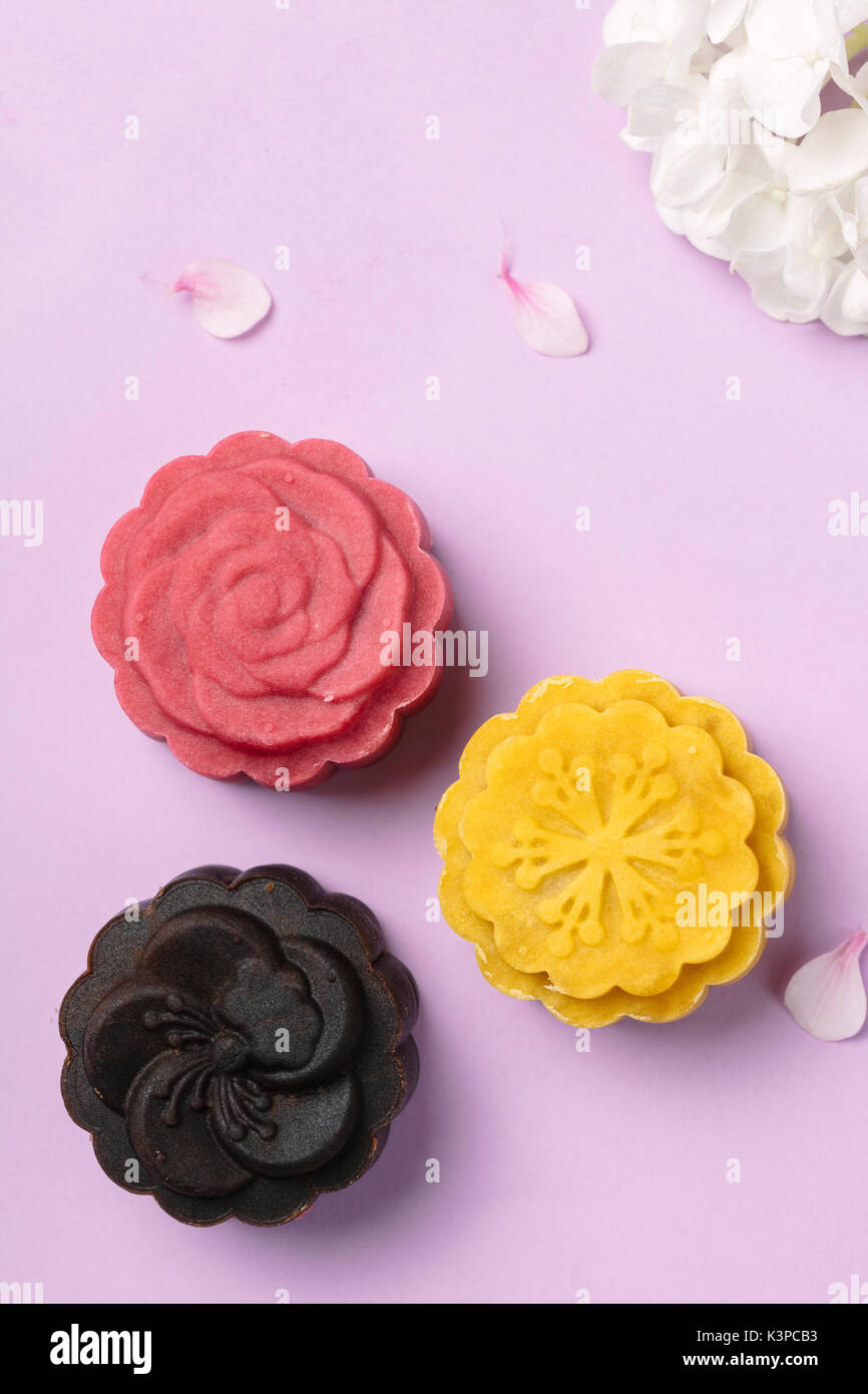 Beautiful Mooncake on Colorful Background with some Hydrangea Stock ...