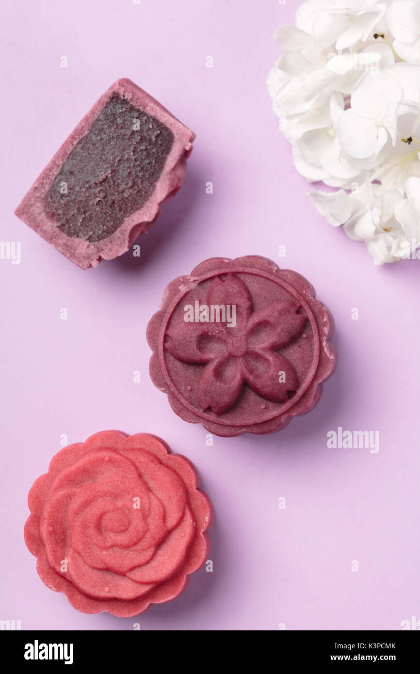 Beautiful Mooncake on Colorful Background with some Hydrangea Stock ...