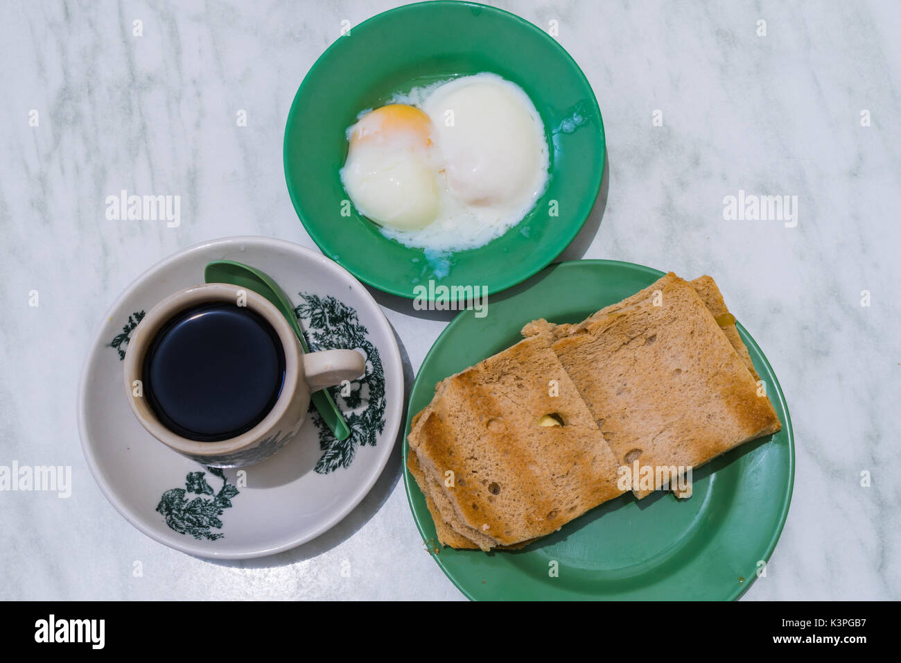 Singapore Breakfast called Kaya Toast, Coffee bread and Half-boiled ...