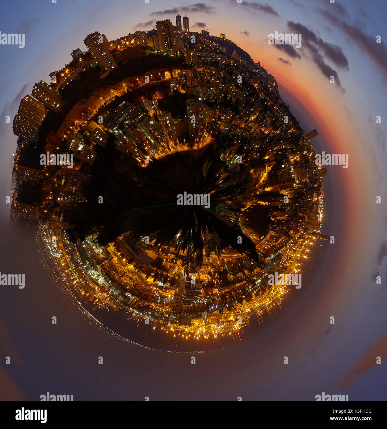 Haifa city, night view aerial panorama little planet Stock Photo - Alamy
