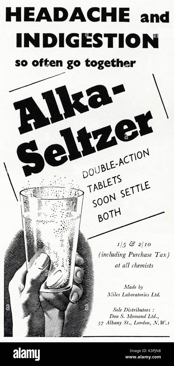 1940s old vintage original advert advertising Alka-Seltzer for headache ...