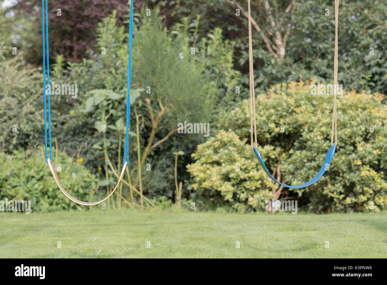 Two blue yellow swings above a newly cut grass field Stock Photo - Alamy