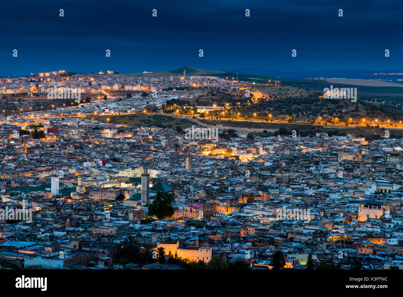 Fes, Morocco, Africa. Panoramic view of the medina in the blue hour ...