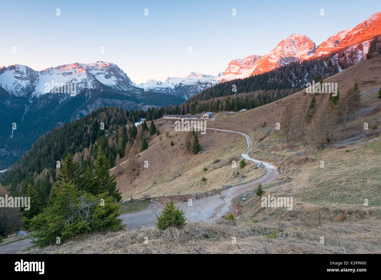 Tuena alm at sunrise Europe, Italy, Trentino Alto Adige region, Trento ...