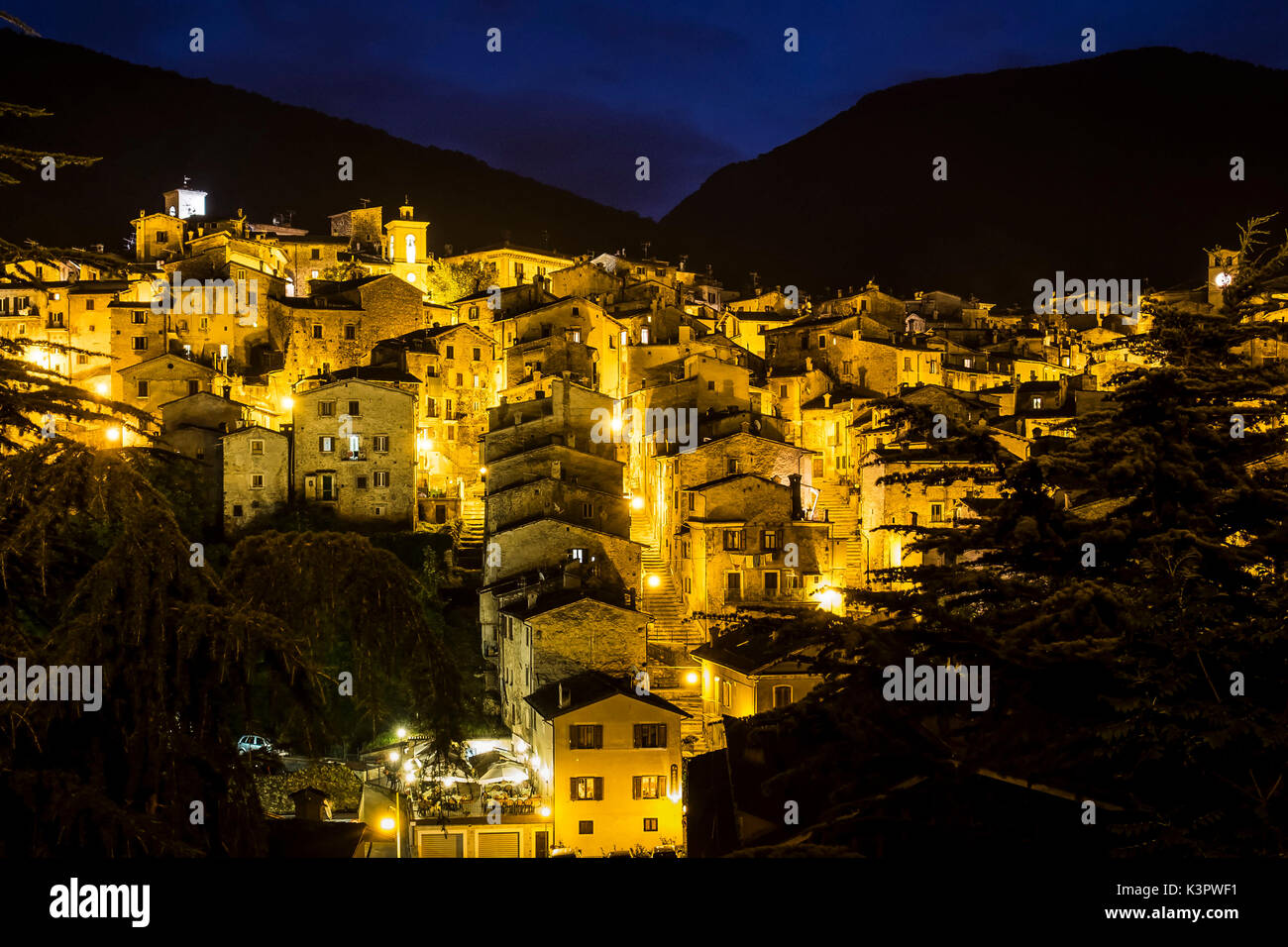 Scanno, Abruzzo, Italy, Europe. A night view of medieval Scanno village ...