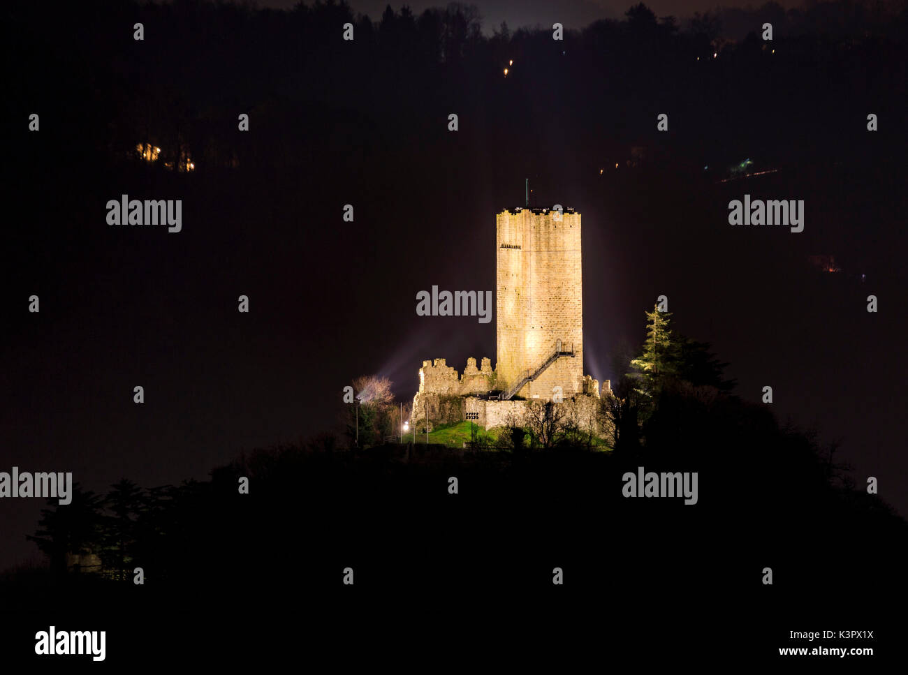 Castello Baradello, the medieval castle above Como, by nigth. Como ...