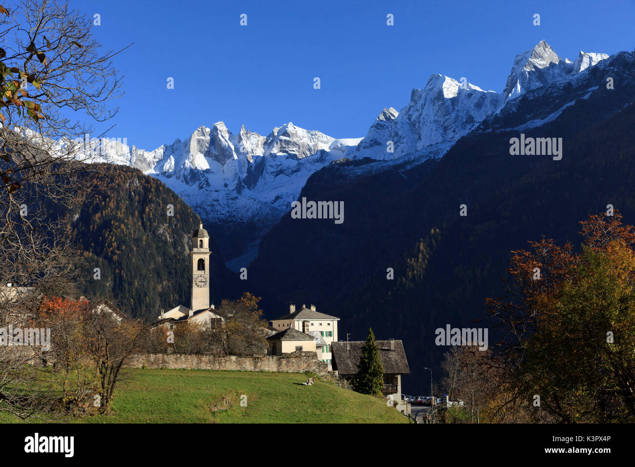 Classic postcard from soglio with its village and mountains hi-res ...