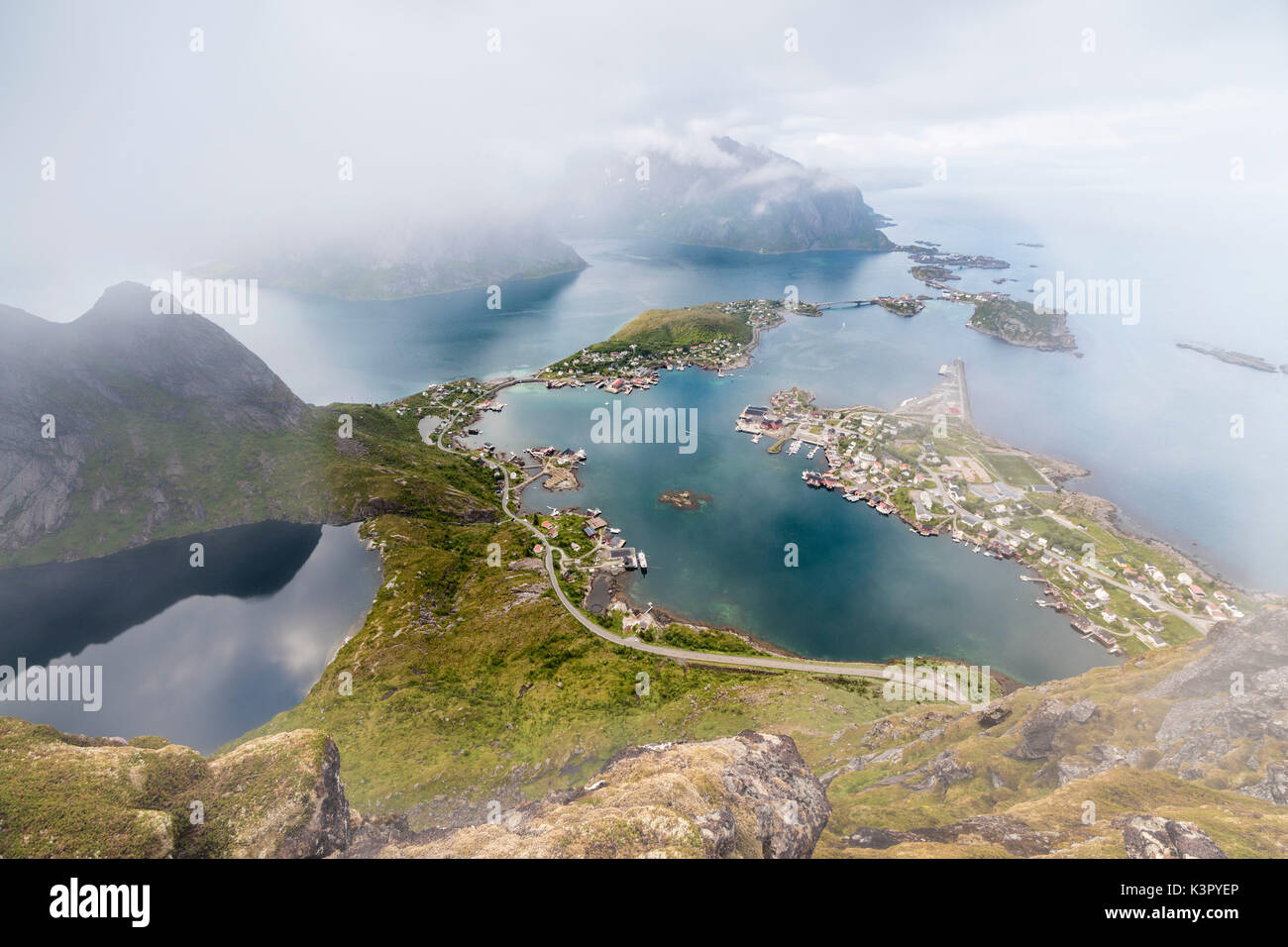 Top view of lakes and sea under the cloudy sky at summer Reinebringen ...