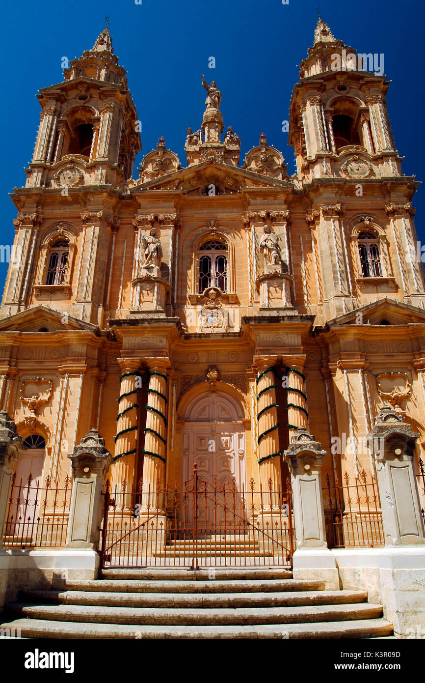 The facade of Birzebbuga Parish Church, with its decorations, statues ...
