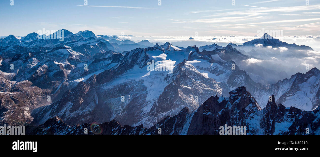 Aerial view of the Sciore mountain range and Mount Disgrazia. Bregaglia ...